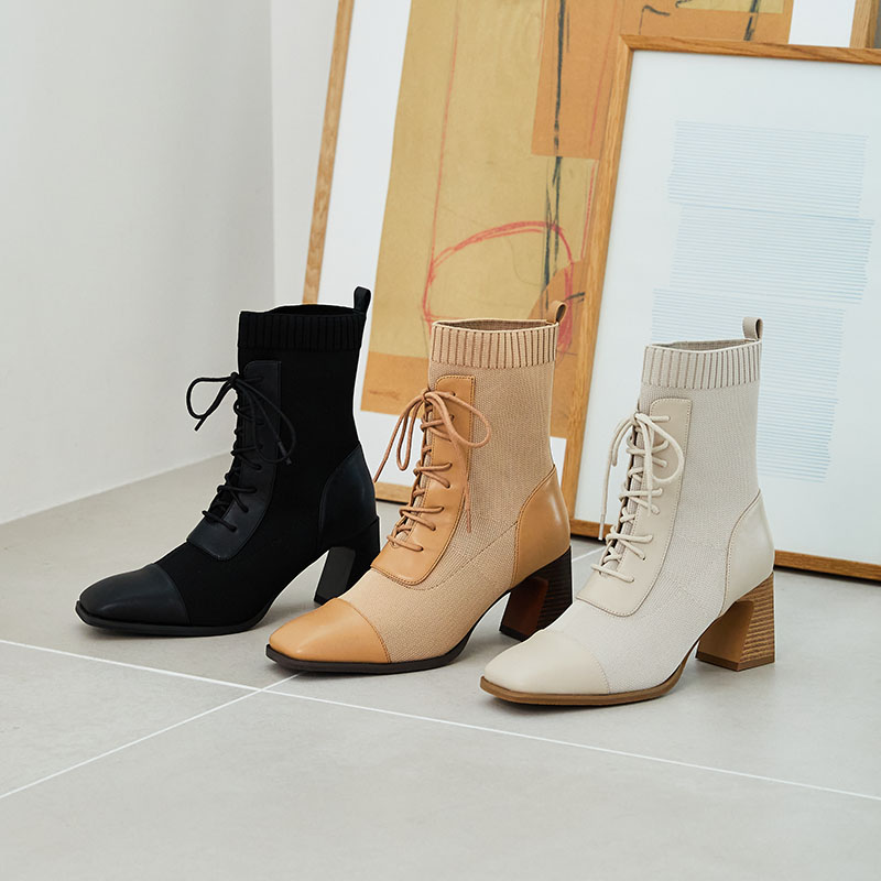 Lace-up Knit Heel Boots